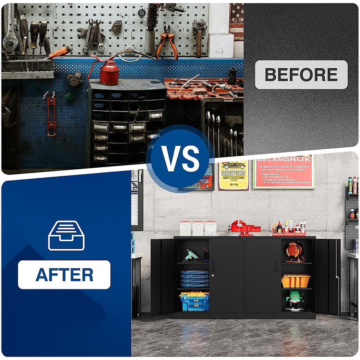 Fesbos Metal Storage Cabinet-36” Tall Steel File Cabinets with Lockable Doors and Adjustable Shelves-Black Steel Storage Cabinet for Home, School, Office, Garage