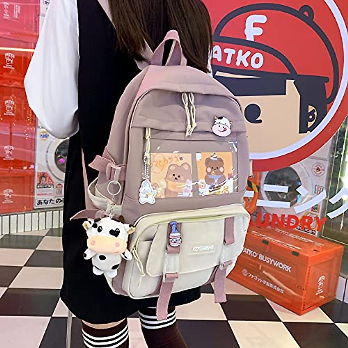 Kawaii Backpack for School Japanese, Aesthetic Backpack for Women Girls Cute Korean Style Bags with with Kawaii Pin and Accessories (Purple)