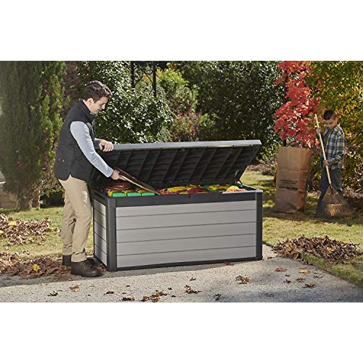 Keter Denali 150 Gallon Resin Large Deck Box-Organization and Storage for Patio Furniture, Outdoor Cushions, Garden Tools , Pool Toys, Grey & Black
