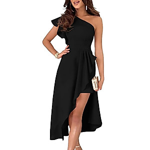 Dokotoo Womens Dresses One Shoulder Sleeveless Empire Waist Fashion Asymmetric High Low Ruffle Hem Slim Fit Bodycon Zippered Solid Color Casual Midi Dresses Black Medium
