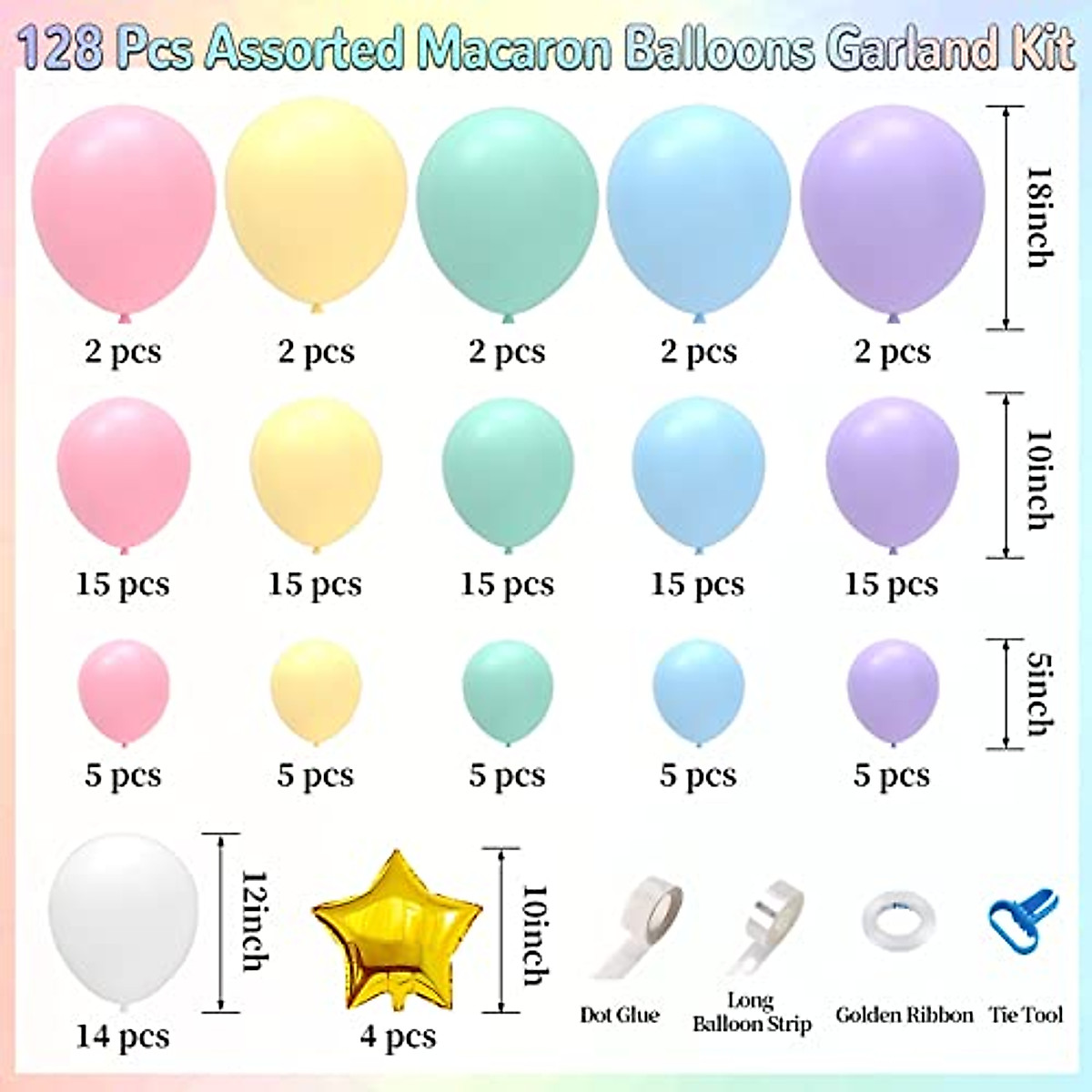 JOYYPOP Pastel Balloon Garland Kit 128pcs Macaron Rainbow Balloon Arch Kit for Baby Shower Birthday Wedding Children's Day Party Decorations