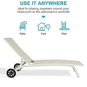 Ulax Furniture Outdoor Chaise Lounge Adjustable Padded Patio Reclining Chaise Lounger Chair with Non-Rust Aluminum Frame and Wheels, Set of 2 (Beige)
