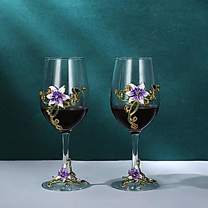 XUDREZ Wine Glasses Enamels flower Lead-free Wine Glasses Set Handcrafted Floral Goblets with Gift Box For Women Wife Mom Friends Mothers Valentines Day (Purple double gift box)