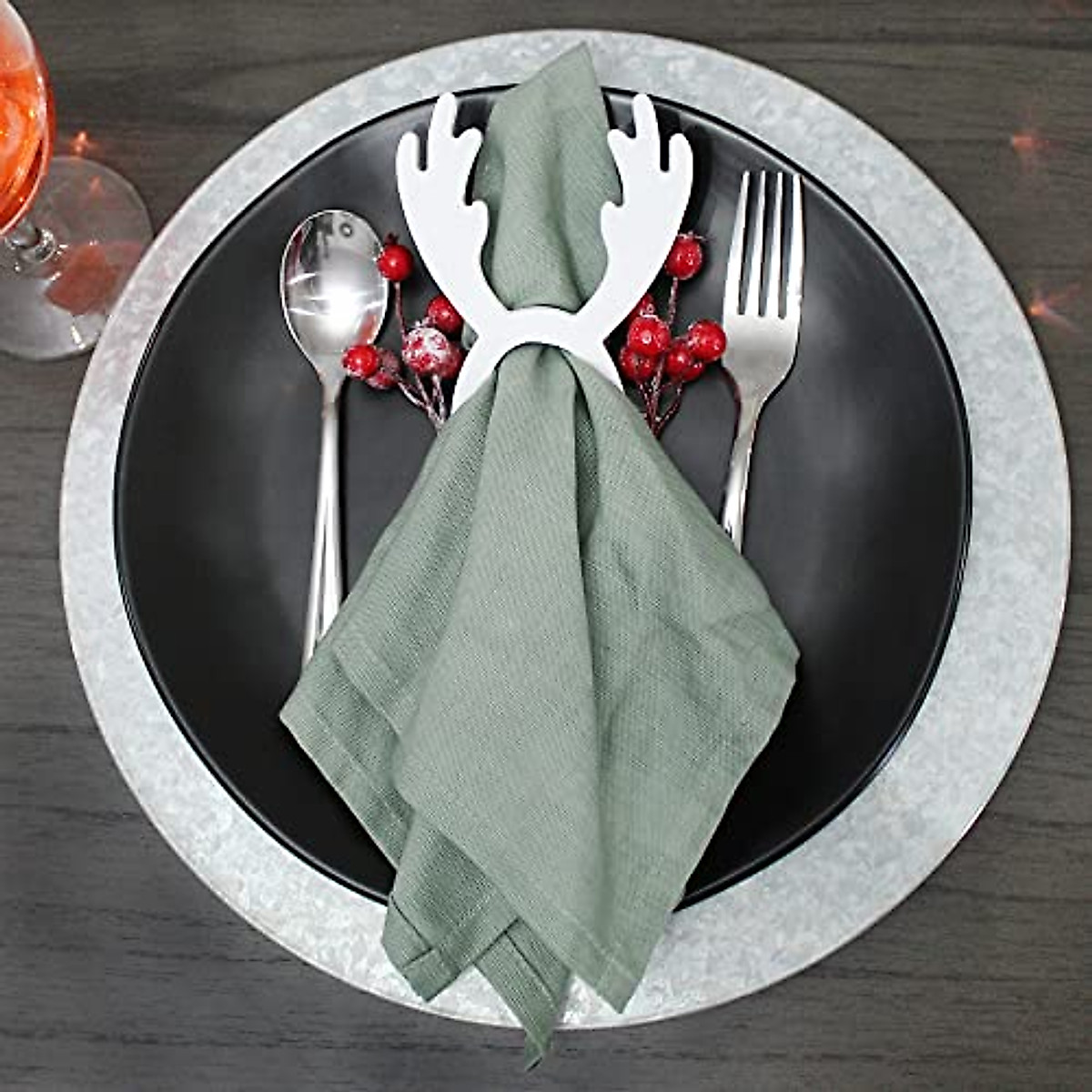 AuldHome Christmas Reindeer Napkin Rings (Set of 4, White); Wooden Holiday Napkin Holder Rings