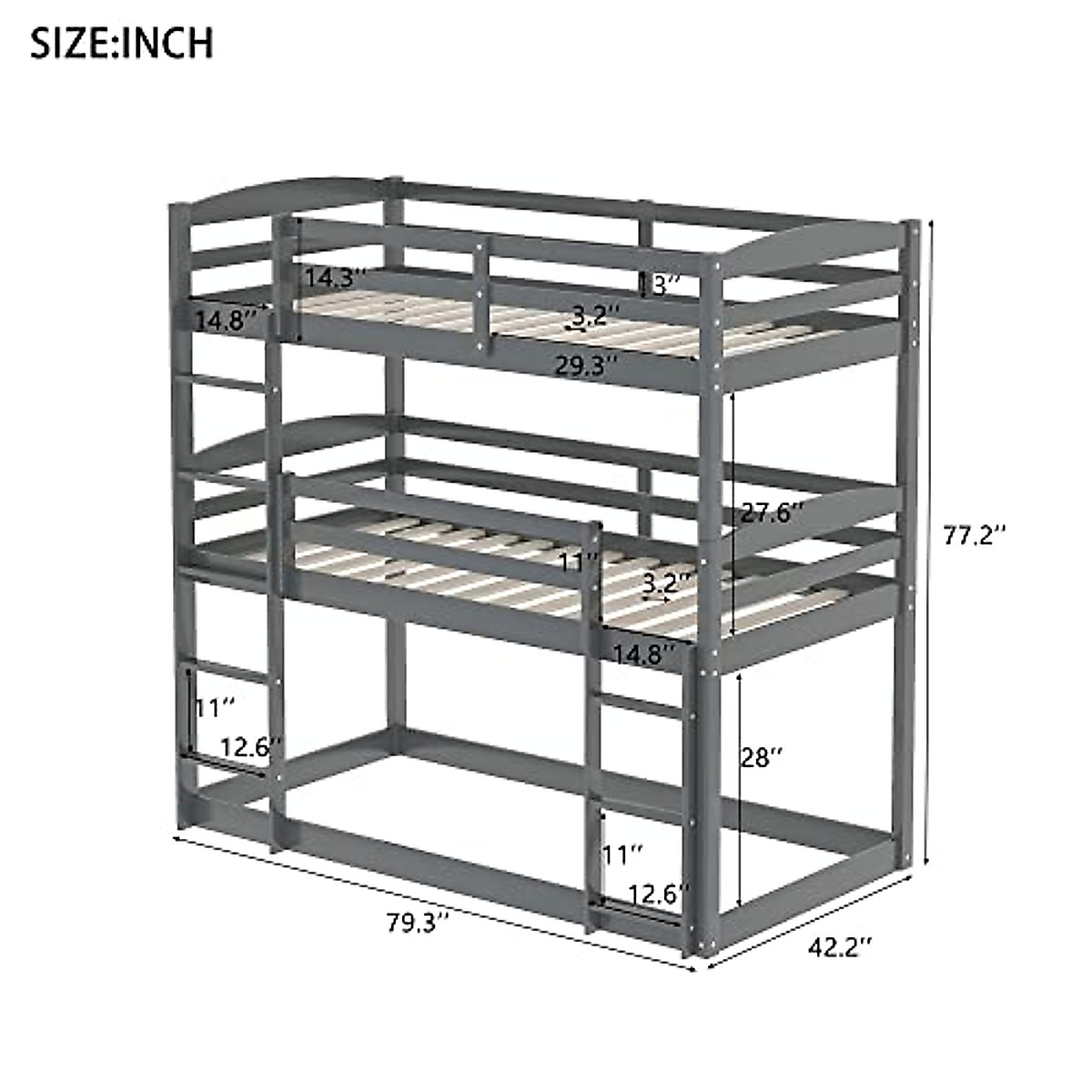 PPHome Twin Over Twin Over Twin Triple Bunk Bed, Bed Frame with Full-Length Guardrail, Space-Saving Design, Built-in Ladder & Solid Slat Support for Kids Teens Bedroom, No Box Spring Needed, Grey