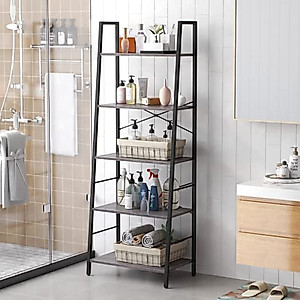 Yusong Bookshelf, Ladder Shelf 5-Tier Bookcase for Bedroom, Industrial Book Shelves Storage Rack with Metal Frame for Home Office, Gray