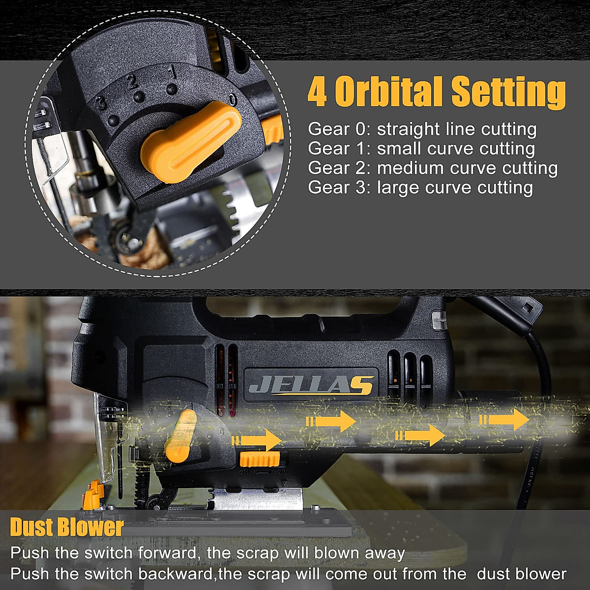 JigSaw, 6.7Amp Power Jig Saws with LED Light,10 Blades, 800-3000 SPM Jig Saw, 6 Variable Speed, 0°-45° Bevel Cutting, 4 Orbital Sets, 3M AC Cord