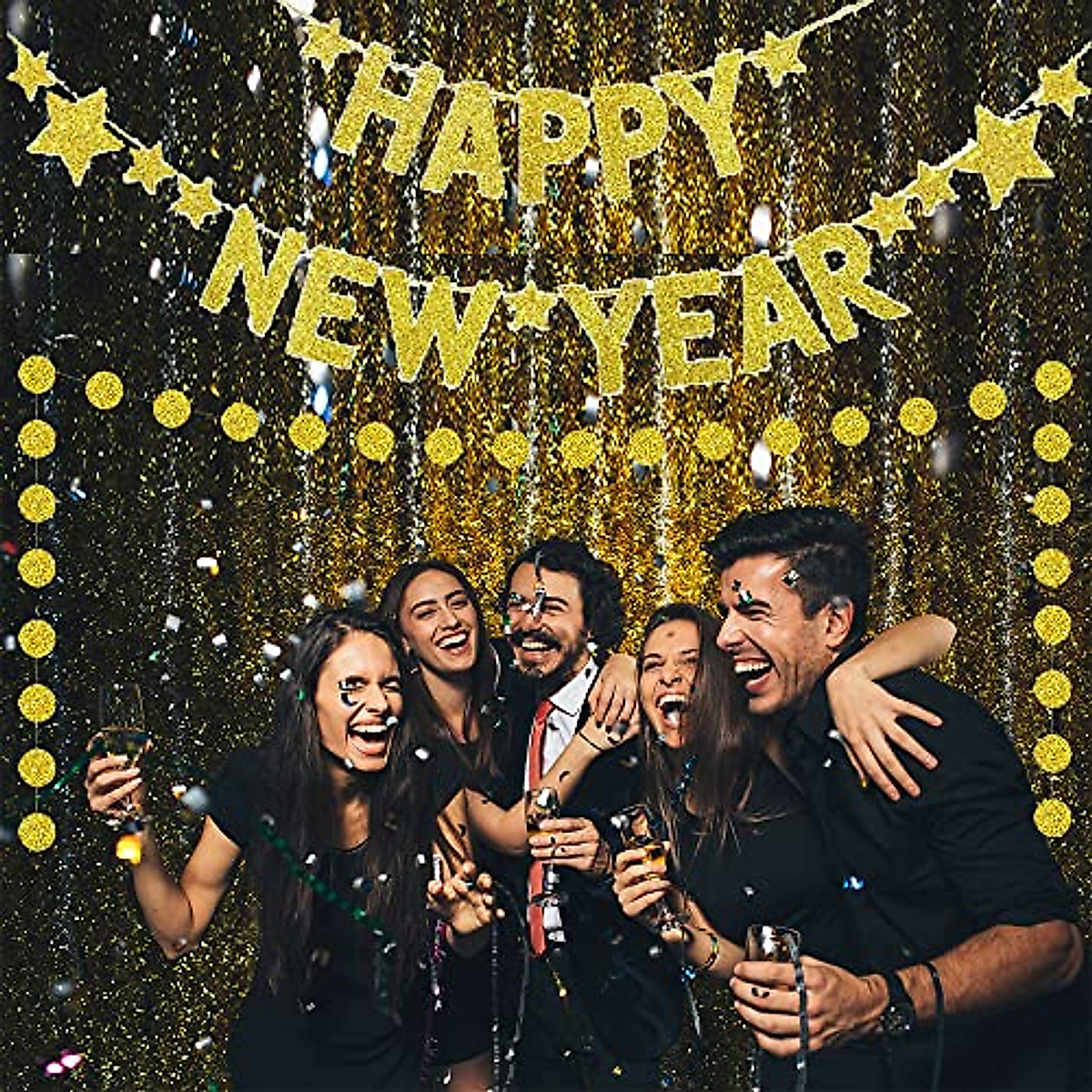 Happy New Year Banner 2022 New Year Party Decorations Glitter Gold Paper Garland Banner for New Year Eve Party Supplies Outdoor Indoor Home Decoration
