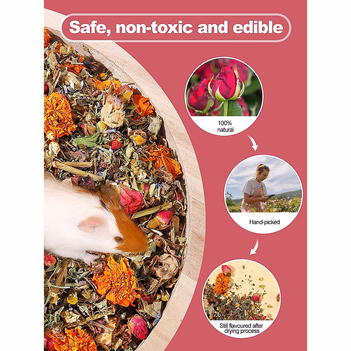 MEWTOGO 7 Oz Guinea Pigs Herb Mix - Natural Flower Herbal Blend in 9 Dried Flowers & Herbs, Hamster Bedding for Bunny Gerbils Small Animals Keep Cage Environment Fresh