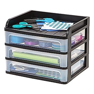 IRIS USA Medium 3-Drawer Desktop Organizer with Open Tray Top, for Office, School, Stationary, Makeup Organizer, Bathroom, Utility, Medical Supplies, Desk Organizer, Versatile Storage, Black