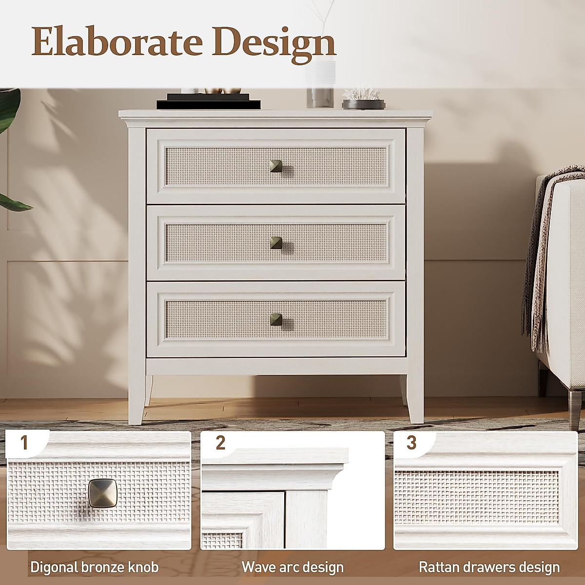 RoyalCraft White Dresser for Bedroom Set of 2, Boho Tall Dresser with 3 Rattan Decorated Drawers, Modern Wood Chest of Drawers for Closet, Living Room, Hallway, Entryway