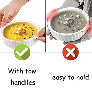 Mezchi 6 Pack Porcelain Ramekins with Handles, 14 Oz Ceramic Creme Brulee Souffle Baking Dishes Bowl, French Onion Soup Bowls for Ramen, Stew, Lava Cakes, Dishwasher, Oven, Microwave Safe, White