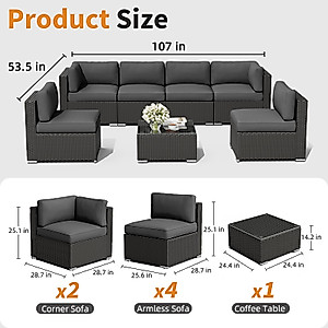 Oakcloud 7-Piece Outdoor Patio Furniture Sofa Set Black Rattan Wicker Sectional Conversation Sets with Glass Top Table and Cushions(Grey)
