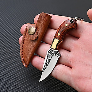SZHOWORLD Ultra Small Fixed Blade Knife, 1.57 inch 5Cr Stainless Steel Blade with Brass+Colored Wood Handle, Mini Knife/Box Cutter with Leather Sheath for EDC Gift Collection Cutting