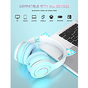 VuyKoo Bluetooth Headphones with Microphone/RGB LED Light Up, Cat Ear Wireless Headphones, Stereo Gaming Headset for Cellphone/PC/Laptop/Tablet/TV Kids Girls & Boys Teens/Birthday Gift (Green)
