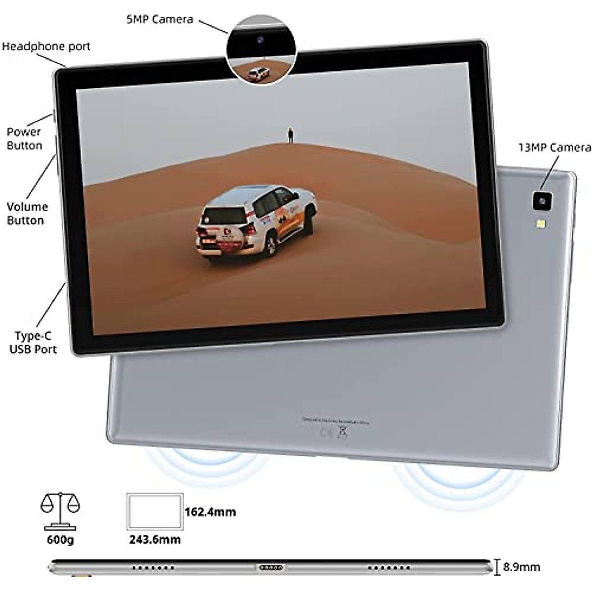 Blackview Tablet Tab8, 10.1 inch Android Tablets with 4GB+64GB Octa Core Processor,1920x1200 IPS FHD Display, 13MP+5MP Dual Camera, GPS, FM, 5G WiFi Teblet Grey