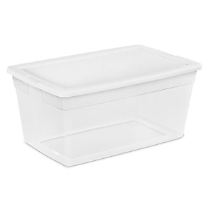 Sterilite 90 Qt Storage Box, Stackable Bin with Lid, Plastic Container to Organize Clothes, Blankets, Towels in Closet, Clear with White Lid, ‎29.75"L x 13.5"W x 18.75"H, 4-Pack