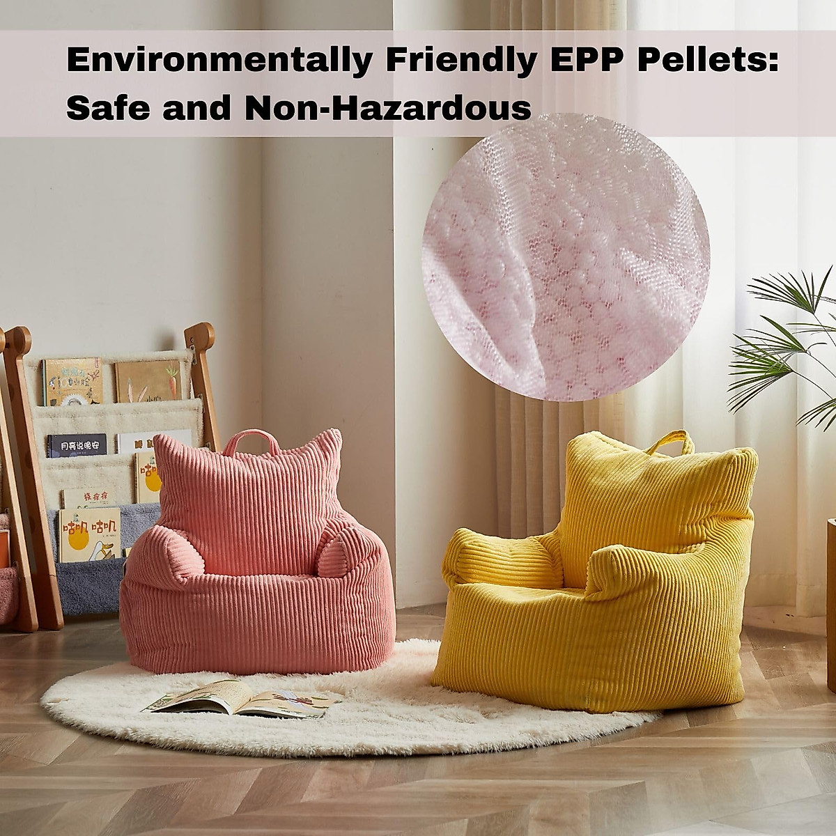 Wayshome Corduroy Bean Bag Chairs for Kids - Pink & Yellow Comfy Toddler Chair with Storage Pockets (Pink)