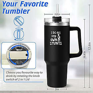 I Do My Own Stunts Tumbler - 40 oz Insulated Cup with Handle & Straw - Funny Get Well Gift for Men & Women, Broken Bone, Surgery Recovery, Knee or Leg Injury, Accident-Prone Coffee Mug