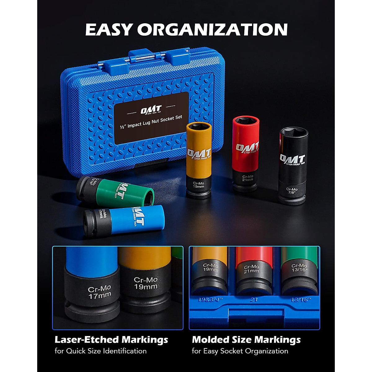 Orion Motor Tech 1/2" Drive Lug Nut Socket Set, Metric 17 19 21 mm & SAE 13/16 7/8 in. Wheel Socket Set, 5pc Impact Lug Nut Socket Set, Thin Wall Lug Nut Socket Set with Colored Protective Covers