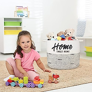 Vnkesno Large Woven Cotton Rope Storage Baby Basket White Laundry Clothes Hamper, Toy Storage Basket for Dog, Cat, Decorative Basket Blankets Organizing for Living Room, Laundry, Nursery-14.7" ×11.8"