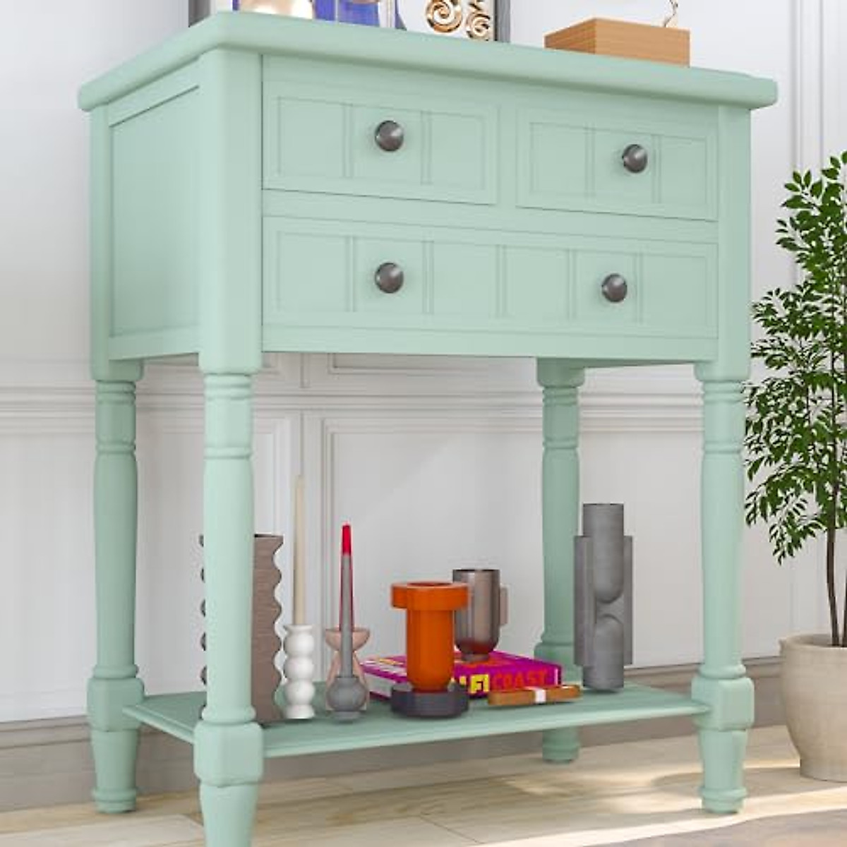 Venera Console Tables for Entryway - Solid Wood Antique Blue 26” Narrow Console Table for Entryway - Console Table with Storage & Three Drawers - Environmental-Friendly Entrance Tables for Front Door