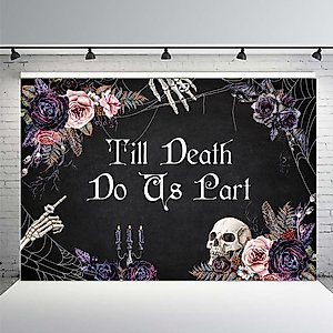 MEHOFOND 7x5ft Halloween Till Death Do Us Part Backdrop Couple Wedding Bachelorette Party Decoration Supplies Skull Mr and Mrs Bridal Shower Bride and Groom Background Banner Photo Studio Props