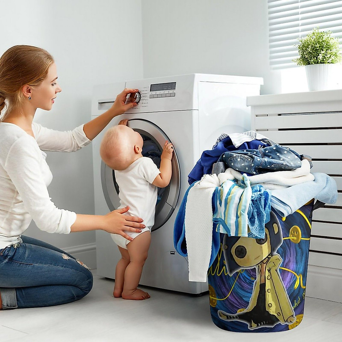 Co.ra.line Circular Hamper with Handle Storage Basket Circular Storage Bin Organizer Round Basket