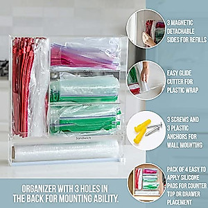 Versatile 5-In-1 Acrylic Ziplock Bag Organizer for Drawer, Countertop & Wall - Easy-to-Use Ziplock Bag Storage Organizer with Magnetic Side Opening + Cling Wrap Dispenser with Cutter (Clear)