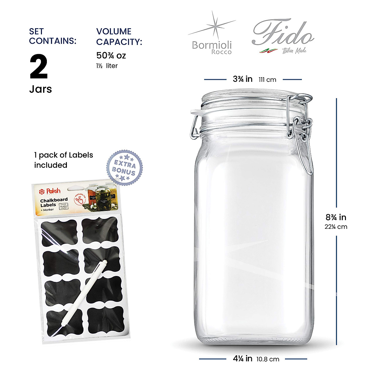Bormioli Rocco - Food Storage Container - Glass Fido Jars - Hermetic Sealed Hinged Airtight Lid for Fermenting, With Paksh Chalkboard Labels 50 3/4 Ounce (1.5 Liter)
