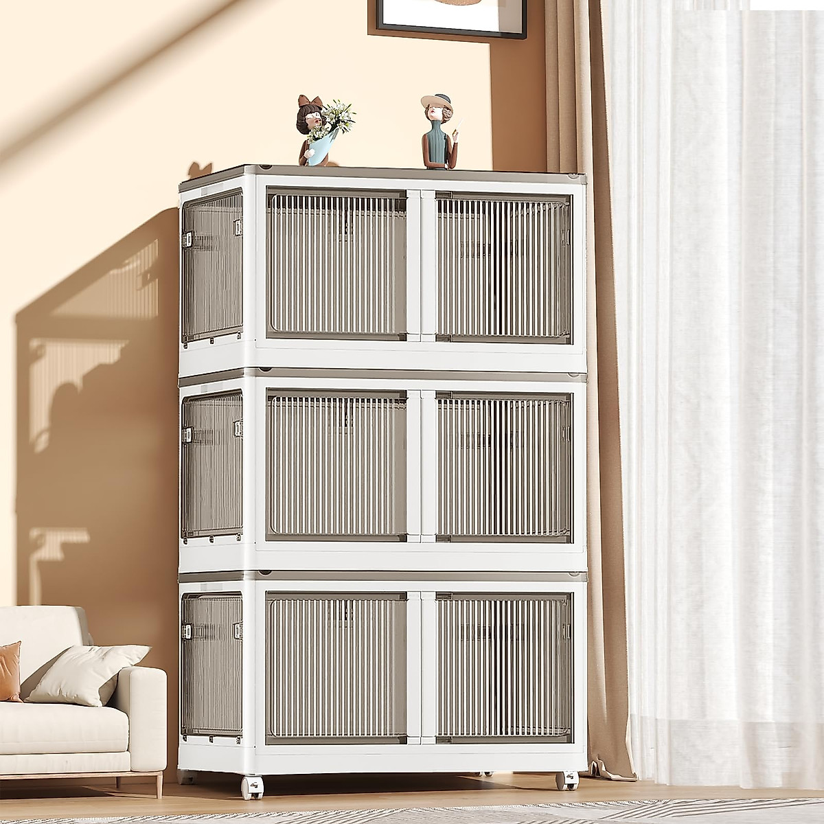 YARWAYER Closet Organizers and Storage - Foldable Storage Cabinet with Lids and Wheels Large Stackable Plastic Storage Bins with Safety Latching Doors Storage Boxes for Home,Toys,3 Pack