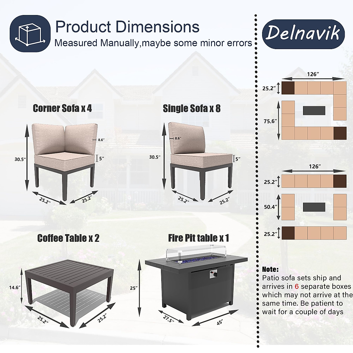 Rwnnad Modern Patio Furniture Set, 15 Pieces Modern Patio Conversation Set w/43in Gas Fire Pit Table, Outdoor Metal Sectional Sofa with Coffee Table, Sand