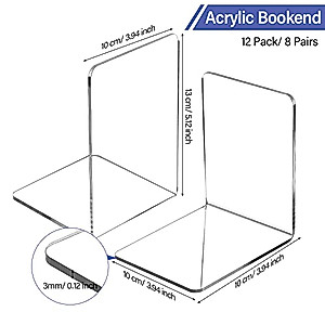 Eaasty 12 Pcs/ 6 Pairs Book Ends Clear Acrylic Bookends for Shelves Heavy Duty Book End Desktop Organizer Bookshelf L Shaped Dividers Book Stopper for School Office Home Library Book File Movies CD