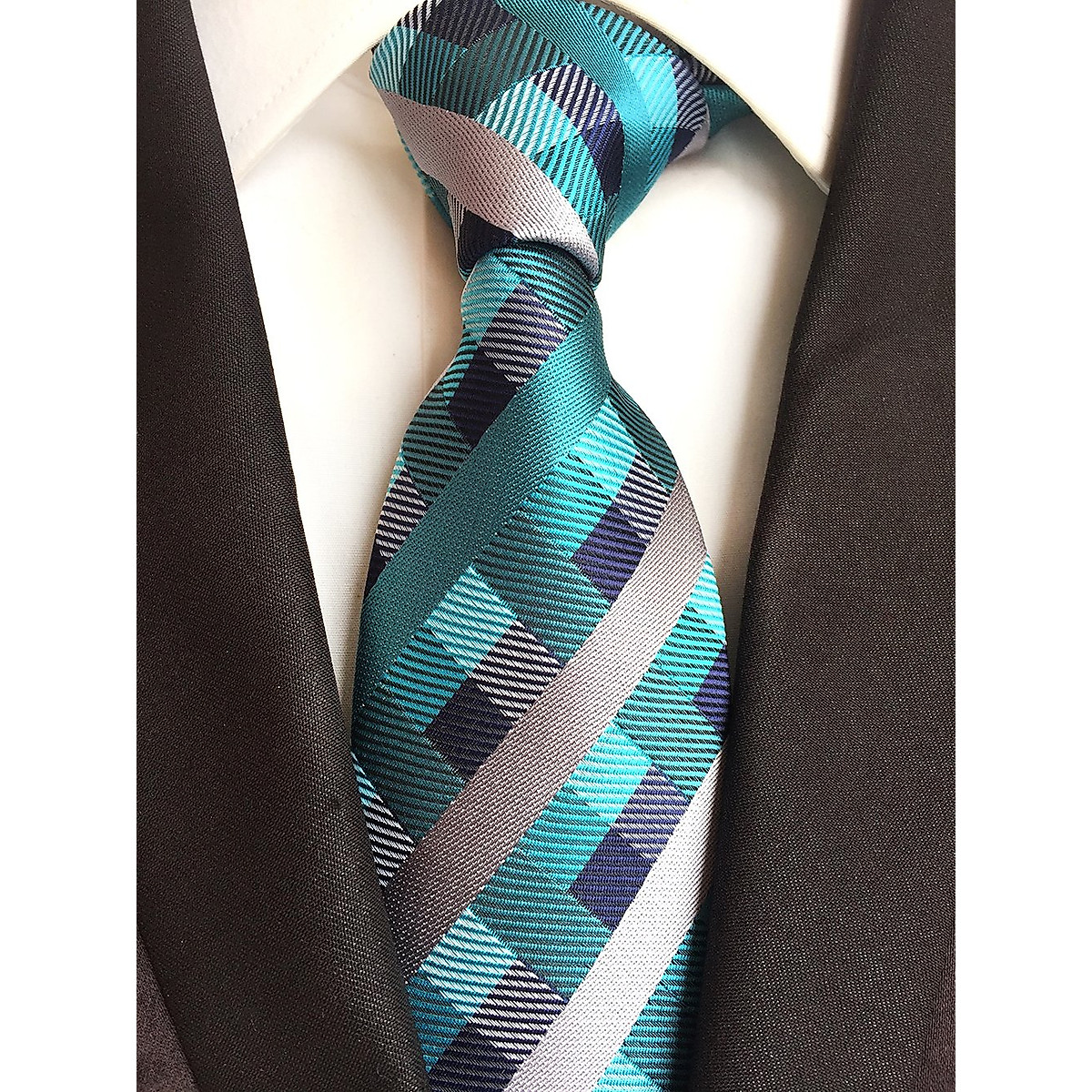 Secdtie Men's 4 Pack Plaid White Silver Jacquard Woven Silk Tie Bpys Formal Necktie Teal Silver, Yellow Blue, Blue Navy, Gray Pink