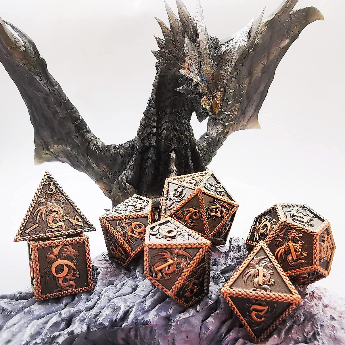 MJDICEOK Metal Dice Dragon Set 7 DND Role Playing Dice D&D Solid Dice Ancient Red Copper