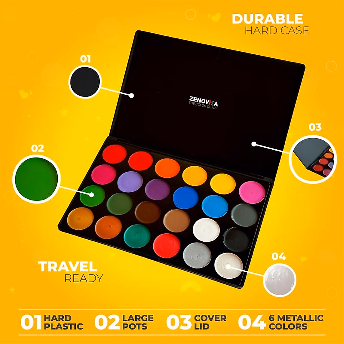 Zenovika Face Paint Kit for Kids - 60 Jumbo Stencils, 15 Large Water Based Paints, 2 Glitters - Halloween Makeup Kit, Professional Face Paint Palette, Safe for Sensitive Skin, Face Painting Book