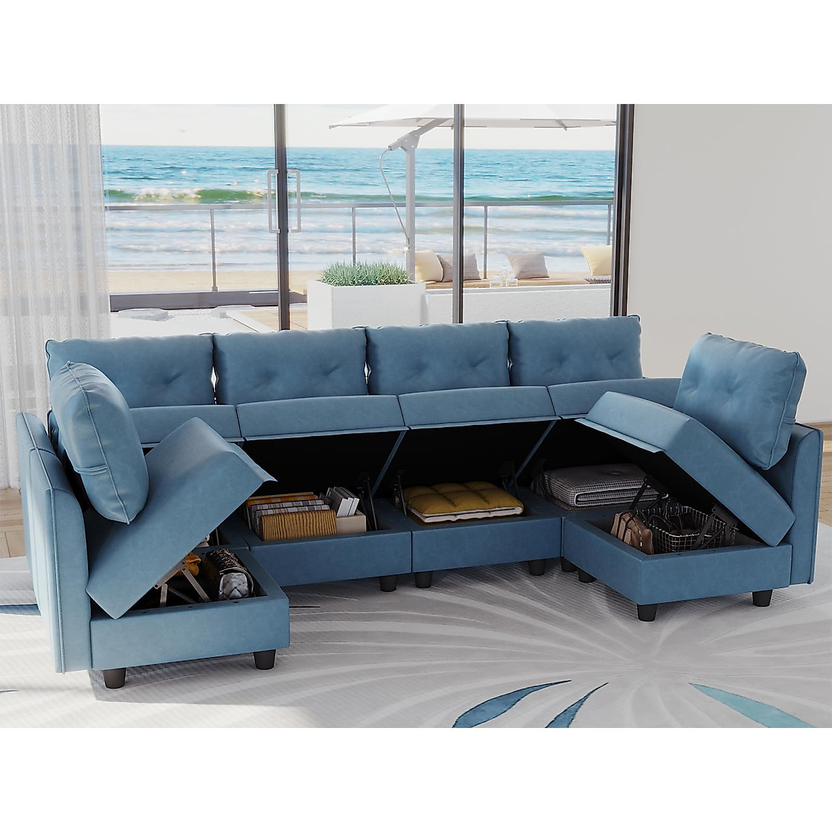 LLappuil Modular Sectional Sofa, Convertible U Shaped Sectional Couch with Storage, Modular Sectionals for Living Room, Faux Leather Fabric Waterproof Sofa, 6 Seat, Navy Blue