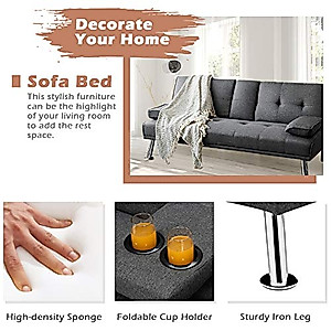 POWERSTONE Futon Sofa Bed Convertible Folding Sleeper Sofa with 2 Cup Holders Metal Legs Adjustable Pillows Recliner Modern Linen Living Room Couch (Grey)