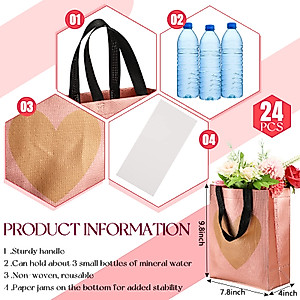 24 Pcs Christmas Heart Gift Bags with Shiny Gold Heart Print Non Woven Reusable Gift Bags for Wedding Bridesmaid Birthdays Bridal Showers Engagements Anniversaries 8 x 4 x 10 Inch (Rose Gold, Gold)