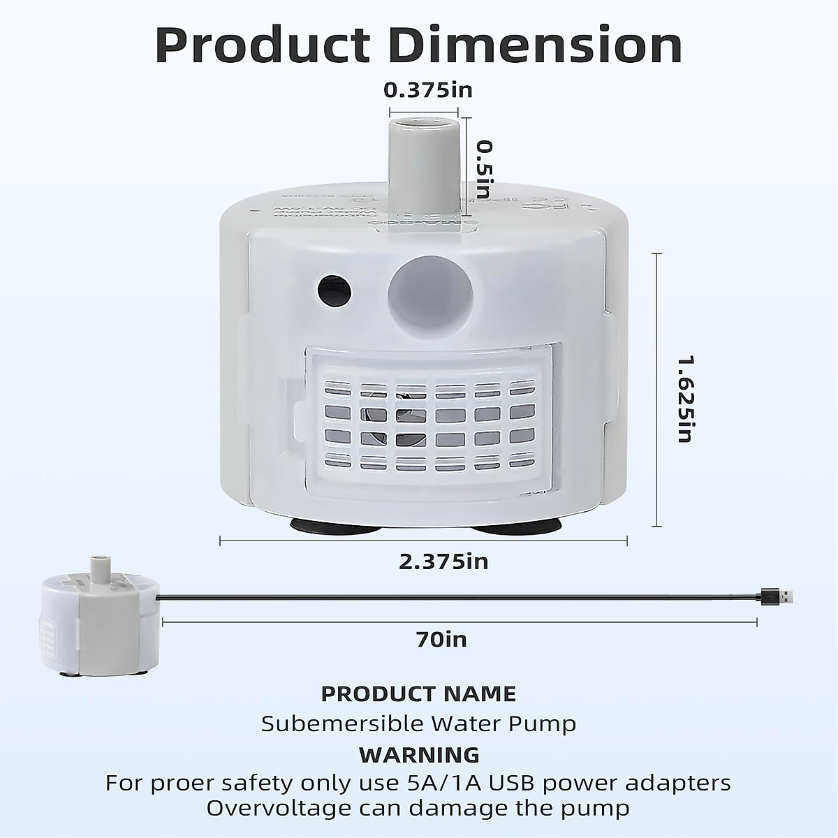 Ultra-Quiet Replacement Pump for Stainless Steel Cat Water Fountains - SMA-800 Motor - Safe and Easy to Clean with Low Voltage DC 5V and USB Cable (Side Suction Pump)