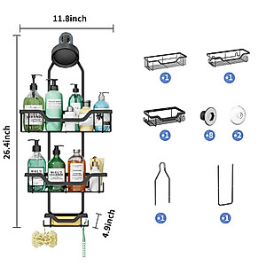 Hanging Shower Caddy Over Shower Head for Shampoo, Bathroom Organizer with 12 Hooks for Towels, Sponge, Razor, Rustproof Shower Storage Shelf Racks, 1 Soap Holder 1 Toothpaste Holder - Black 3-Tier