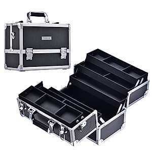 FRENESSA Makeup Train Case Large Cosmetic Box 6 Tier Trays with Compartments Professional Makeup Box Jewelry Storage Organizer Case Adjustable Bottom with Shoulder Strap - Black