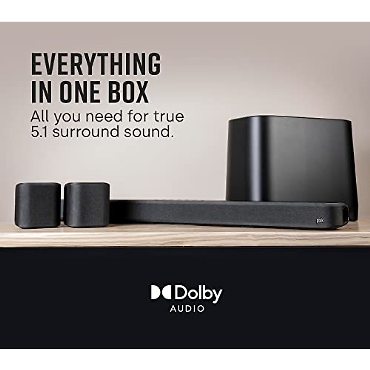 Polk True Surround III 5.1 Channel Wireless Surround Sound System, Includes Sound Bar, L & R Rear Surrounds and 7'' Subwoofer, Dolby Digital Decoding, Built-in Bluetooth, Easy Setup, Black