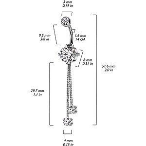 316L Surgical Steel Double Jeweled CZ With 2 Rope Chain Dangle Belly Button Ring (Gold)