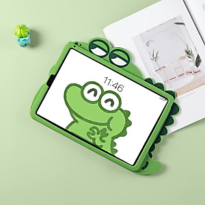 Laetass Cartoon Silicone Child Protective Cover for 2021 iPad Mini 8.3" 6th Gen A2567 A2568 A2569 with Adjustable Stand Cover, Cute Cartoon Little Dinosaur Design Shockproof Silicone Case (Green)