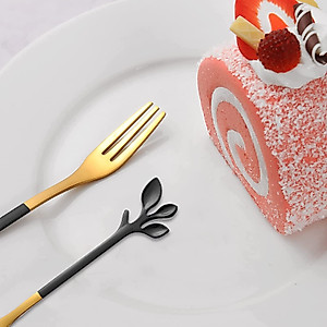 Rovepic 10 Pack Stainless Steel Appetizer Cake Fruit Forks Black Leaf Creative Tasting Dessert Mini Gold 3-Tined Forks Birthday Parties Events Kitchen Accessory Stirring Fork Set 4.8 inch