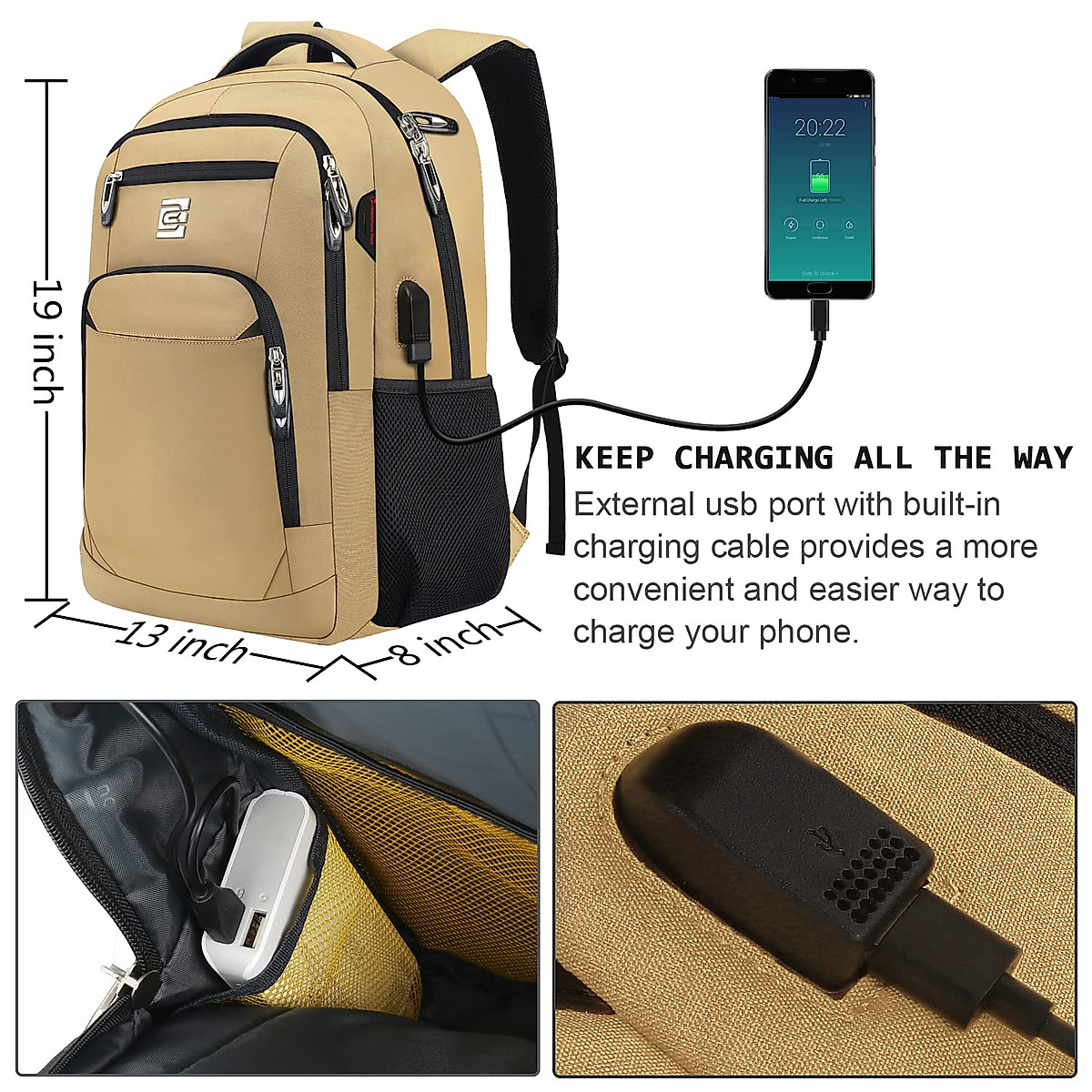 Laptop Backpack,Business Travel Anti Theft Slim Durable Laptops Backpack with USB Charging Port,Water Resistant College Computer Bag for Women & Men Fits 15.6 Inch Laptop and Notebook-Khaki