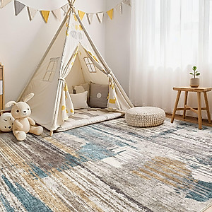 8x10 Rugs for Living Room: Large Modern Washable Super Soft Abstract Area Rug Neutral Contemporary Low Pile Carpet for Bedroom Dining Room Nursery Home Office Decor - Blue/Grey/Gold