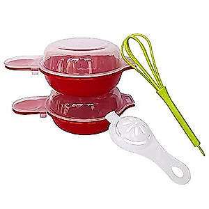 FOSUTOU Microwave egg cooking kit, with 4 kitchen tools (2 sets of egg cooker, 1 egg whisk, 1 egg separator) for fast eggwich, cook TWO eggs perfectly in one minute, with gourmet recipe included