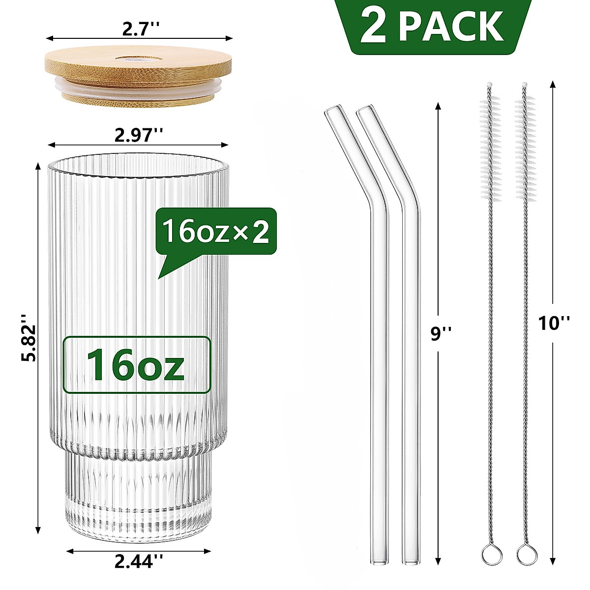 WXCWYQR Glass Cups with Lid and Straw 2 Set, 16OZ Drinking Glasses for Whiskey Cocktail Beer, Ribbed Glassware Set for Gift (2 SET)